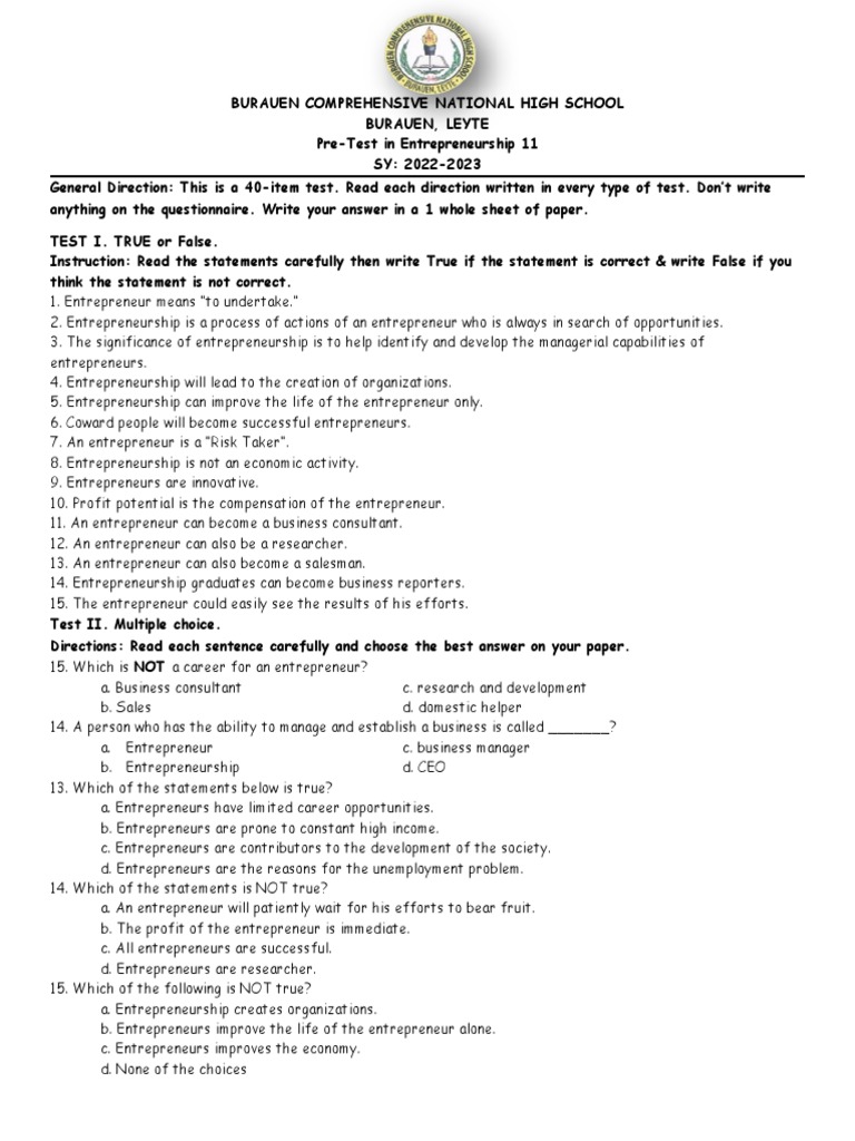 Entrep Pretest 2022-2023 | PDF | Entrepreneurship | Marketing