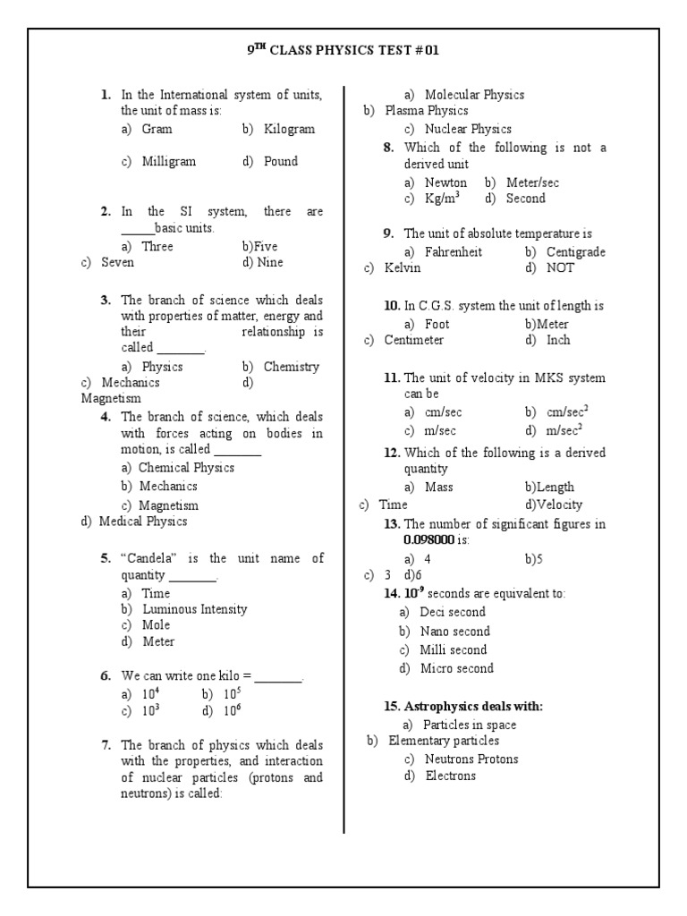 9th Class Physics Test | PDF | Physics | Kilogram