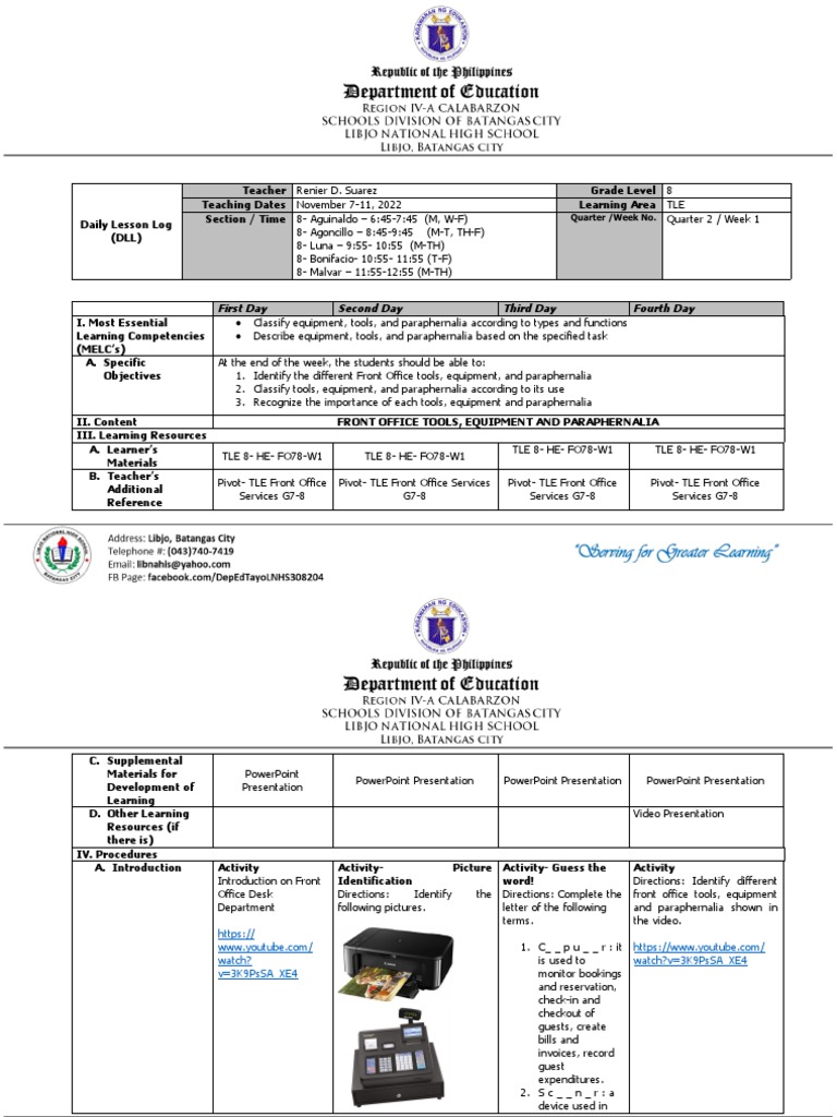 Grade 8 TLE Front Office Tools Lesson | PDF | Behavior Modification | Cognition