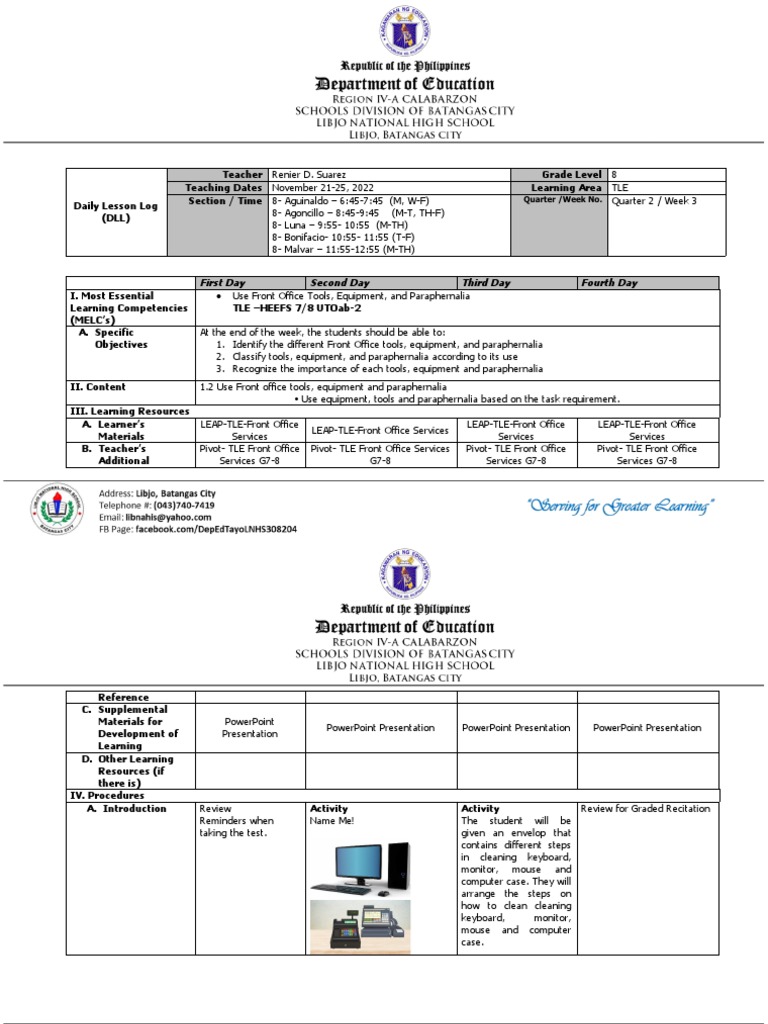 TLE 8 Daily Lesson Log: Front Office Tools | PDF