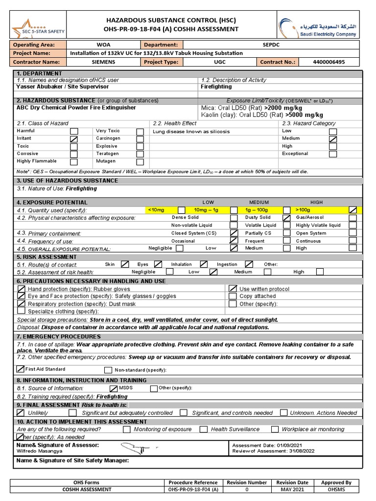 OHS-PR-09-18 F04 (A) COSHH Assessment - ABC Dry Chemical Powder F.E. | Download Free PDF ...