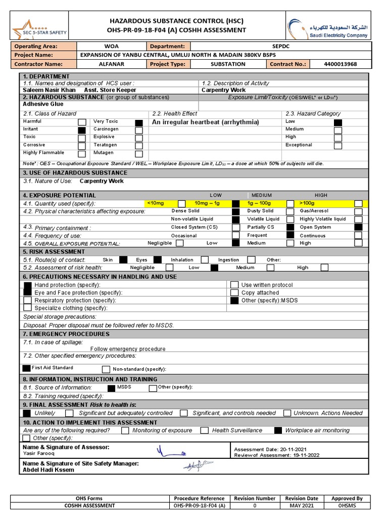 OHS-PR-09-18 F04 (A) COSHH Assessment - ADHASIVE GLUE | PDF | Toxicity ... OHS-PR-09-18 F04 (A) COSHH Assessment - ADHASIVE GLUE | PDF | Toxicity ...