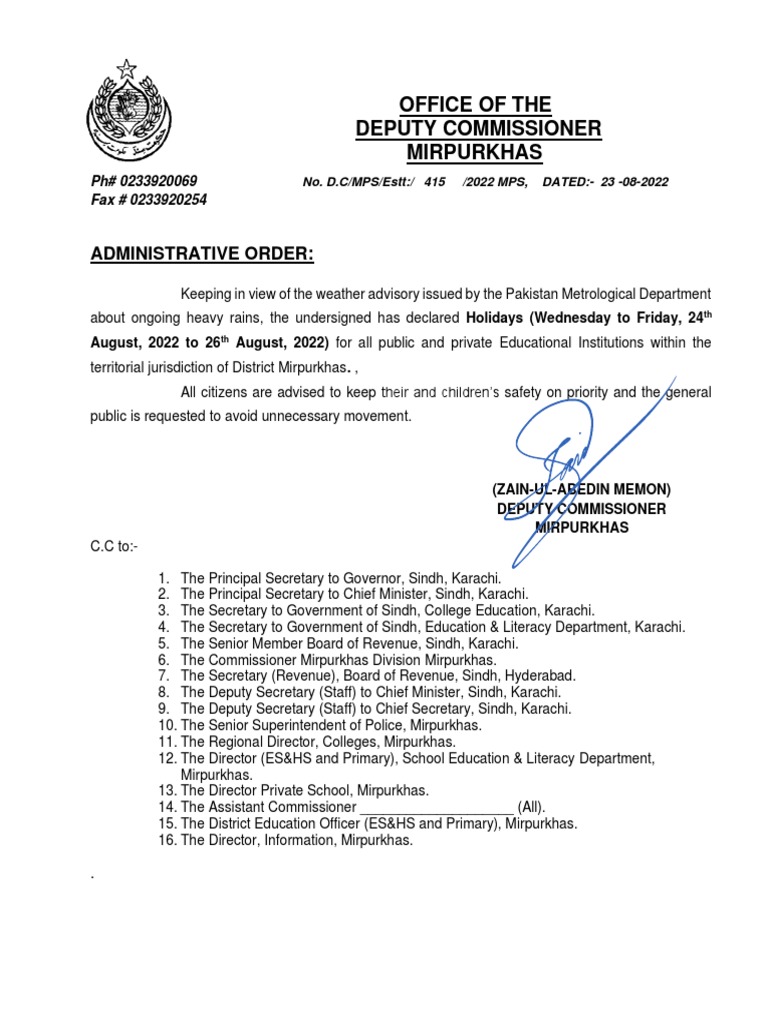 Administrative Order District Mirpurkhas | PDF