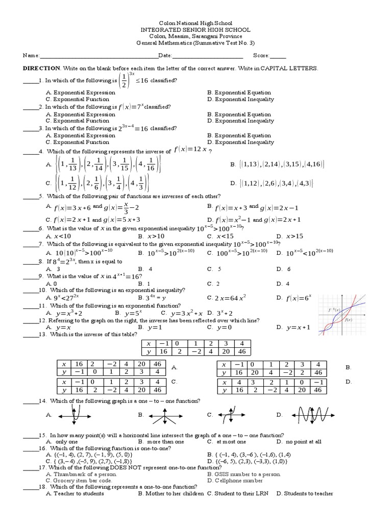 General Mathematics Summative Test 3 | PDF | Exponential Function ...