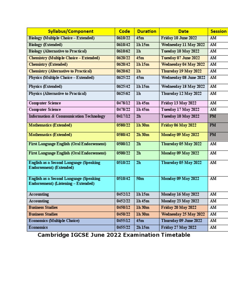 Cambridge IGCSE June 2022 Examination Timetable | PDF