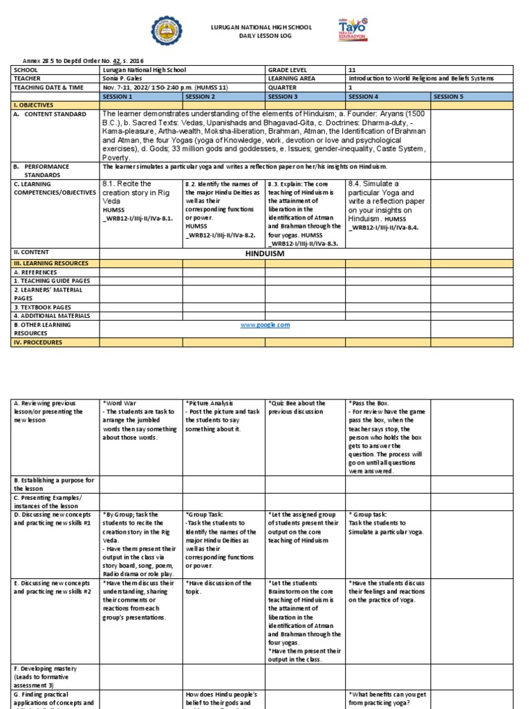 Lurugan National High School Daily Lesson Log on Hinduism | PDF