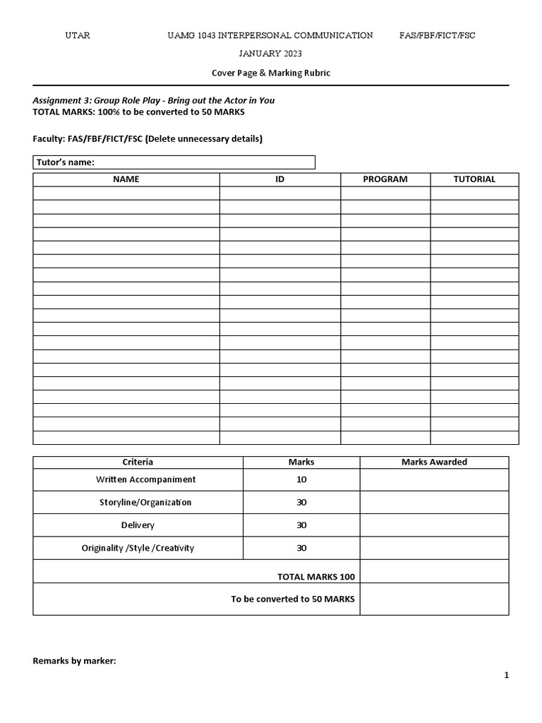 UAMG1043 - Marking Guidelines A3 Group Role Play | PDF | Fluency ...