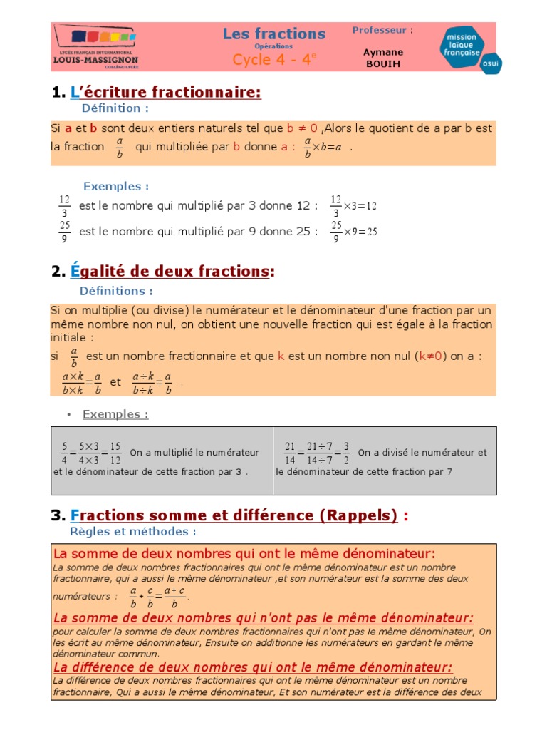 Fractions Opérations 4e (Cours) | PDF | Code (information) | Notation