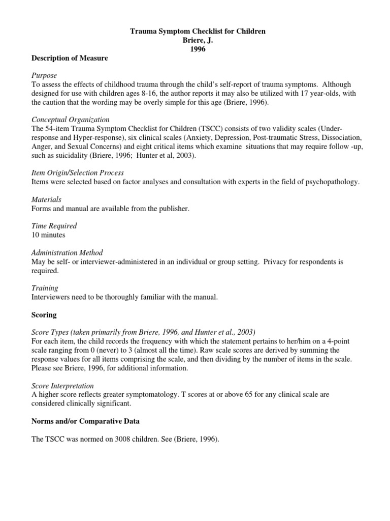 Trauma Symptom Checklist For Children TSCC | PDF | Dissociation (Psychology) | Abnormal Psychology
