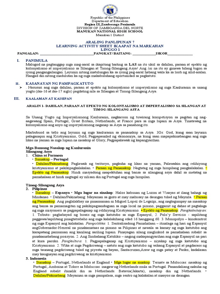 Araling Panlipunan 7 Learning Activity Sheet Ikaapat Na Markahan Linggo 1 I. Panimula | PDF