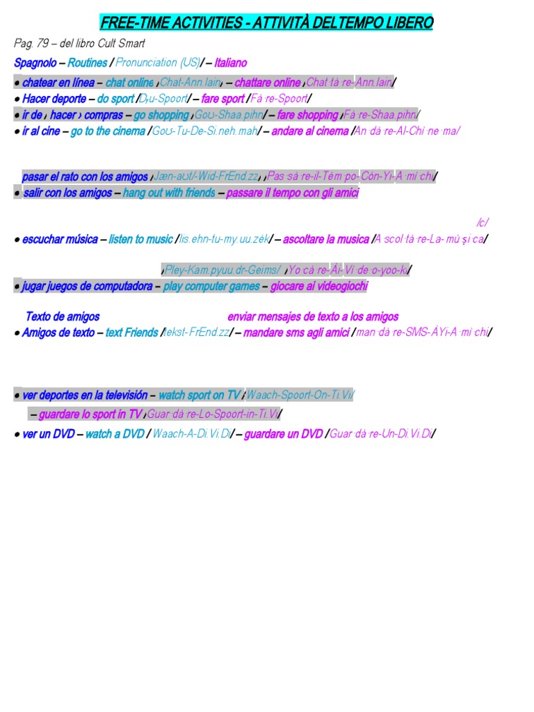 Free-Time Activities - Attività Del Tempo Libero | PDF