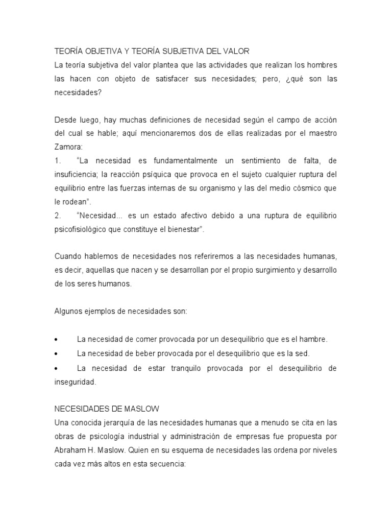 TEORÍA OBJETIVA Y TEORÍA SUBJETIVA DEL VALOR | PDF | Utilidad ...