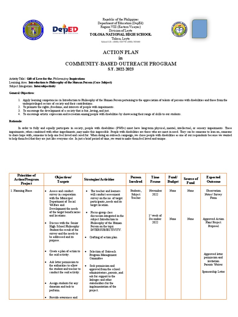 Action Plan Philo Outreach Program | PDF | Disability | Teachers