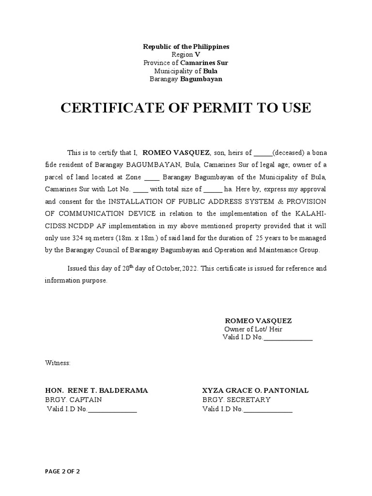 Certificate of Permit to Use Land | PDF