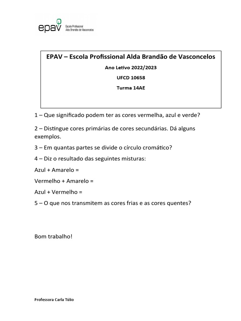 Guia de cores para a turma 14AE da EPAV - Escola Profissional Alda ...