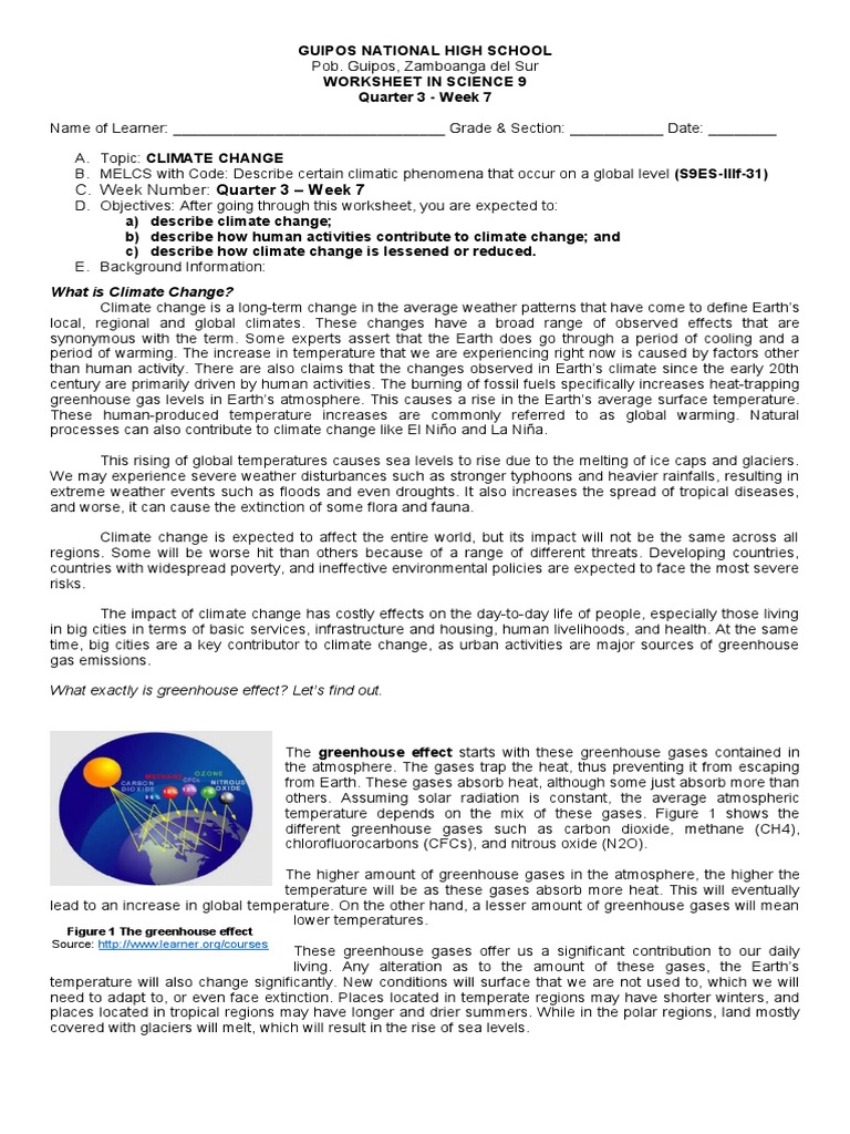 Climate Change Worksheet for Grade 9 | PDF | Greenhouse Effect ...