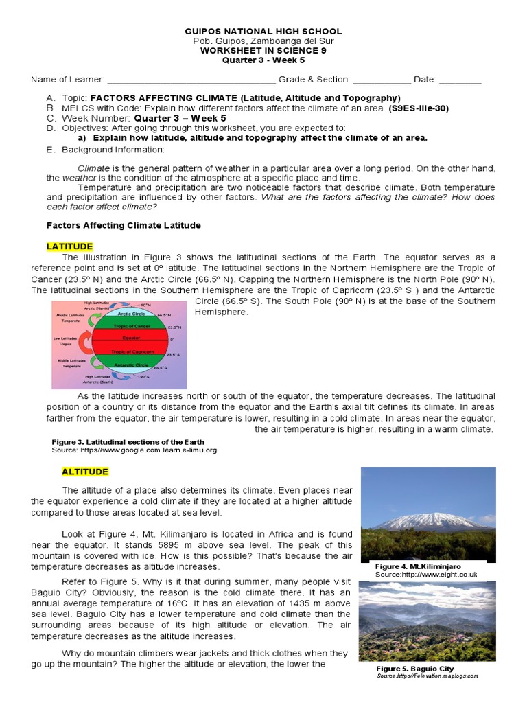 Factors Affecting Climate: Worksheet for Science 9 | PDF | Atmosphere ...