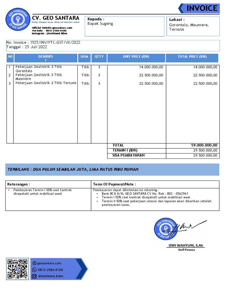 1925 INVOICE TERMIN I CV GEO SANTARA JASA GEOLISTRIK Pak Sugeng ...