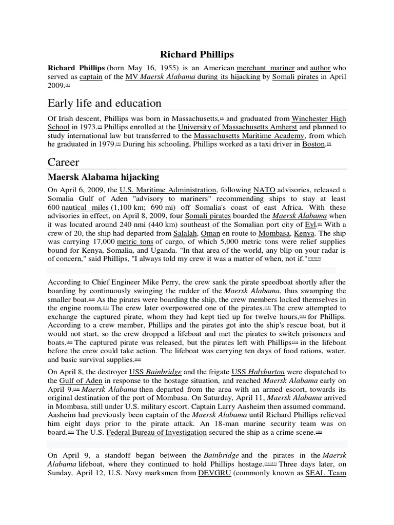 Richard Phillips: Captain of Hijacked Ship Maersk Alabama | PDF | Water ...