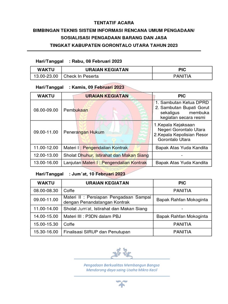 Tentatif Acara Bimtek Sirup Dan Sosis PBJ 2023 | PDF