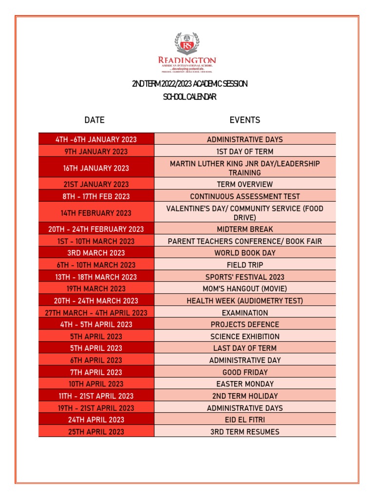 Rais 2nd Term Calendar 2022 - 2023-1 | PDF