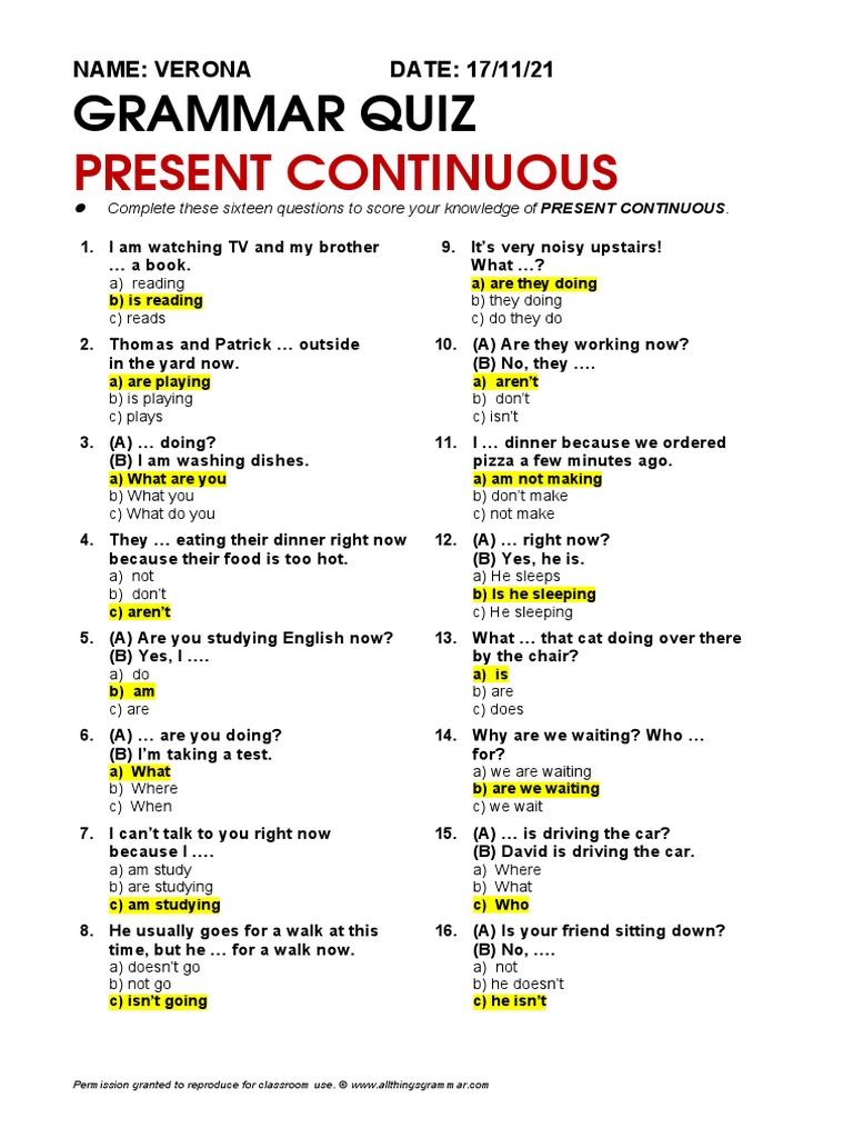 Quiz Present Continuous Tense | PDF