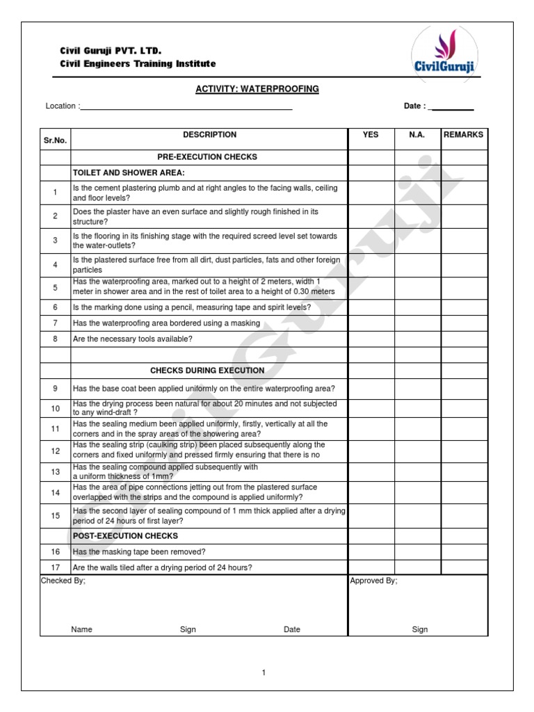 Checklist For Water Proofing | PDF | Industrial Processes | Building ...