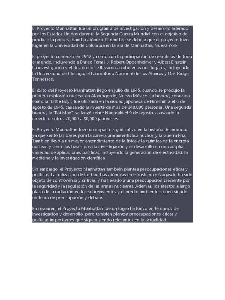 Resumen del Proyecto Manhattan | PDF | Proyecto Manhattan | Bombardeos ...
