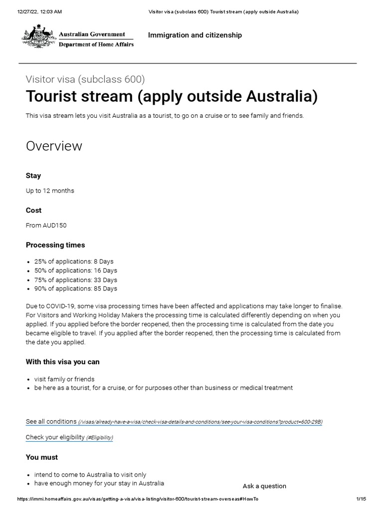 Visitor Visa (Subclass 600) Tourist Stream (Apply Outside Australia ...