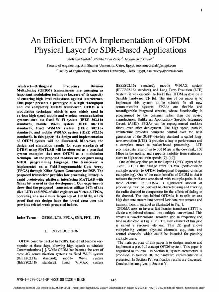 An Efficient Fpga Implementation Of Ofdm Physical Layer For Sdr Based Applications Pdf
