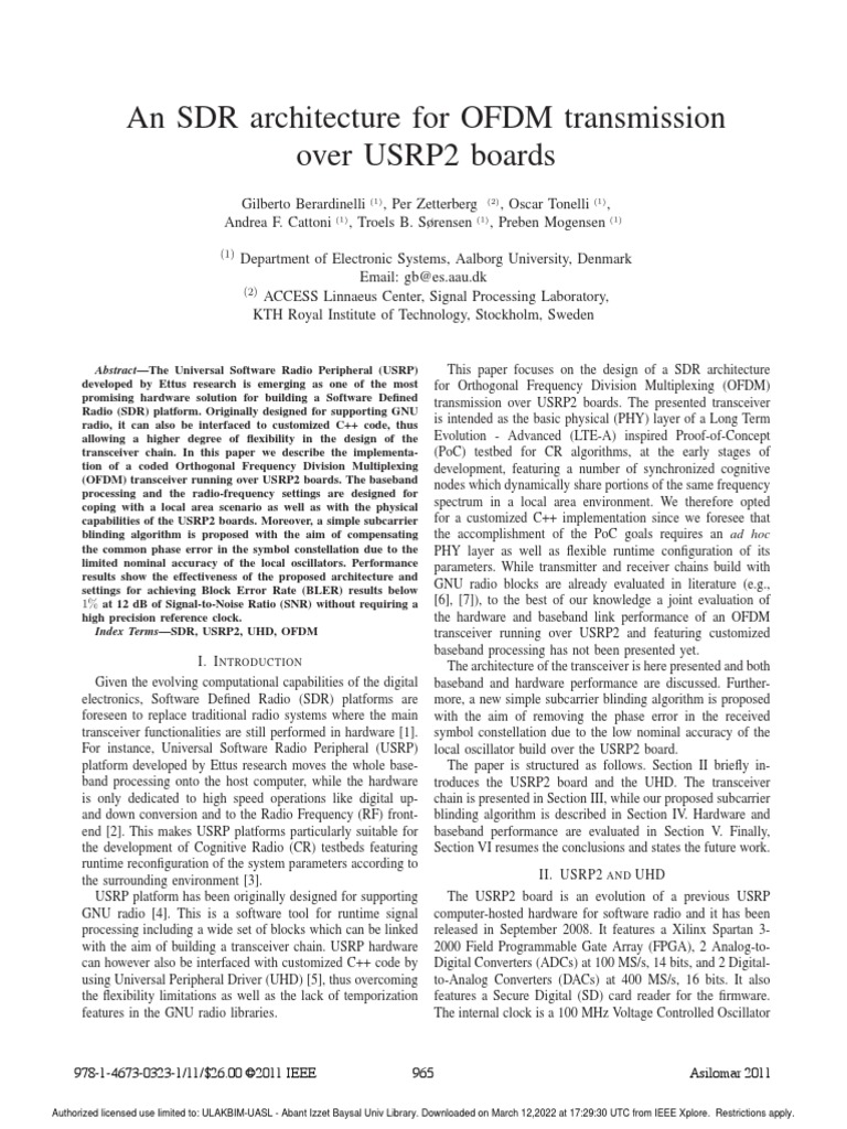 An SDR Architecture For OFDM Transmission Over USRP2 Boards | PDF ...