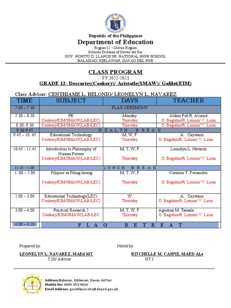 Class Program | PDF | Social Institutions