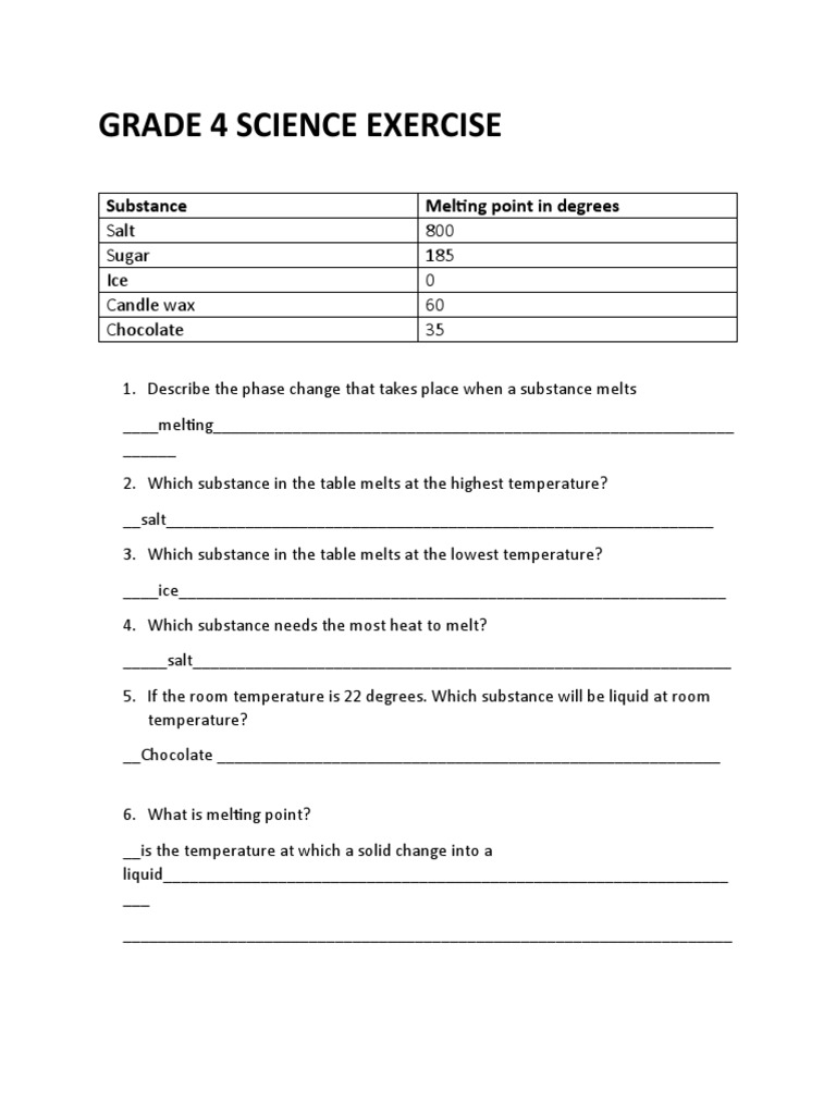 Science Exercise On Melting Point | PDF | Melting Point | Phase (Matter)
