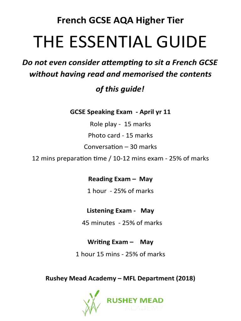 French GCSE AQA Higher Tier Advice Booklet A4 | PDF | Question ...