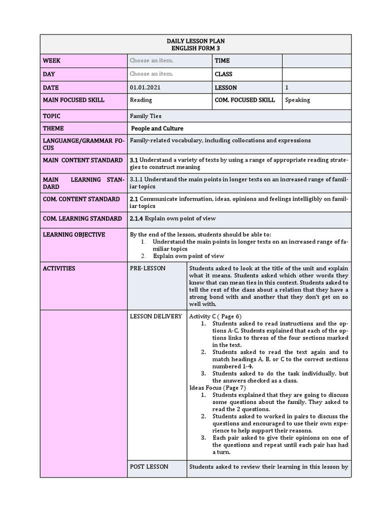 Daily English Lesson on Family Ties | PDF | Lesson Plan | Education Theory
