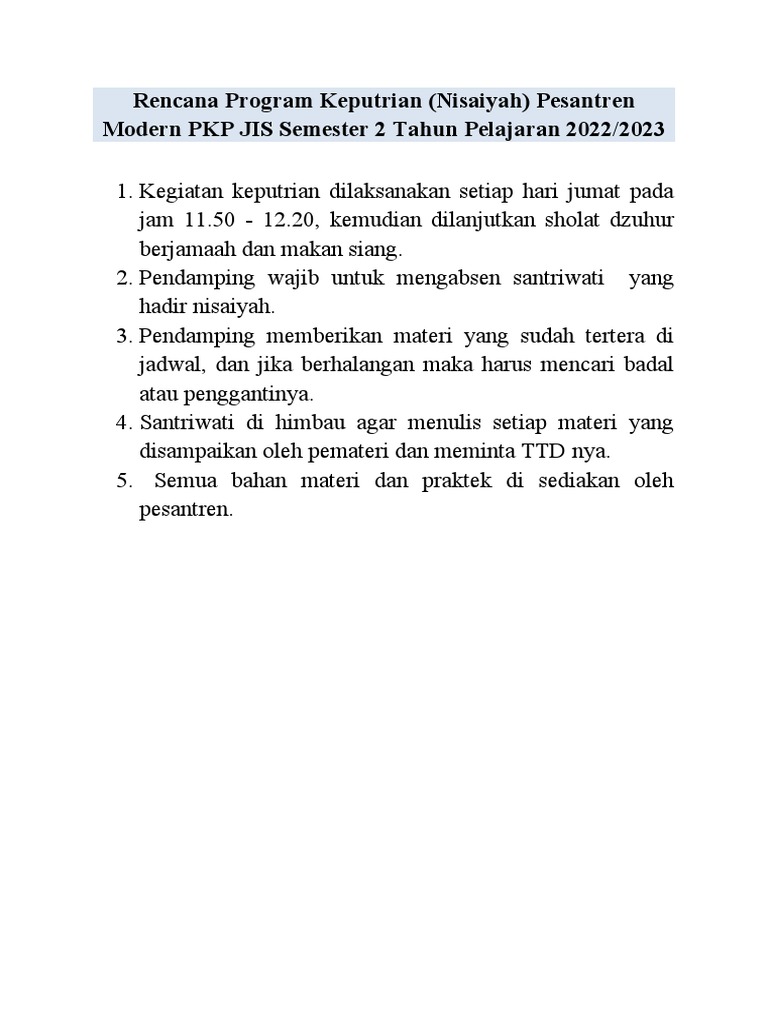 Rencana Program Keputrian | PDF