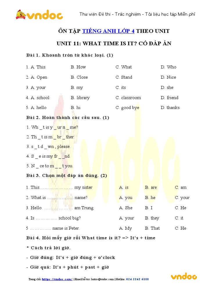 Bai Tap Tieng Anh Lop 4 Unit 11 Chuong Trinh Moi What Time Is It So 1 | PDF