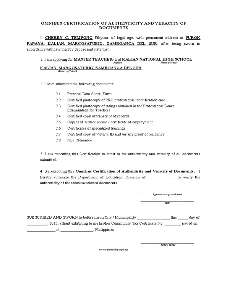 Omnibus Certification for Teacher Application | PDF | Authentication ...