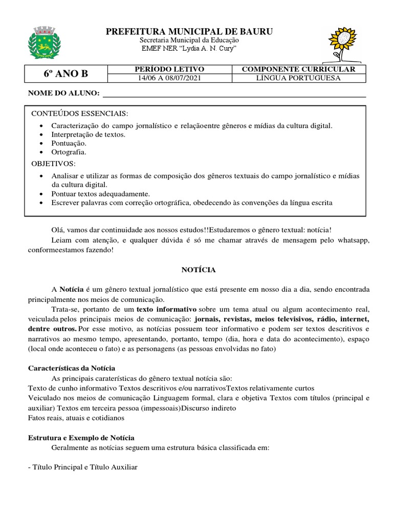 2º Bimestre - Bloco 2 - 14-06-2021 A 08-07-2021 - 6º Ano B | PDF ...