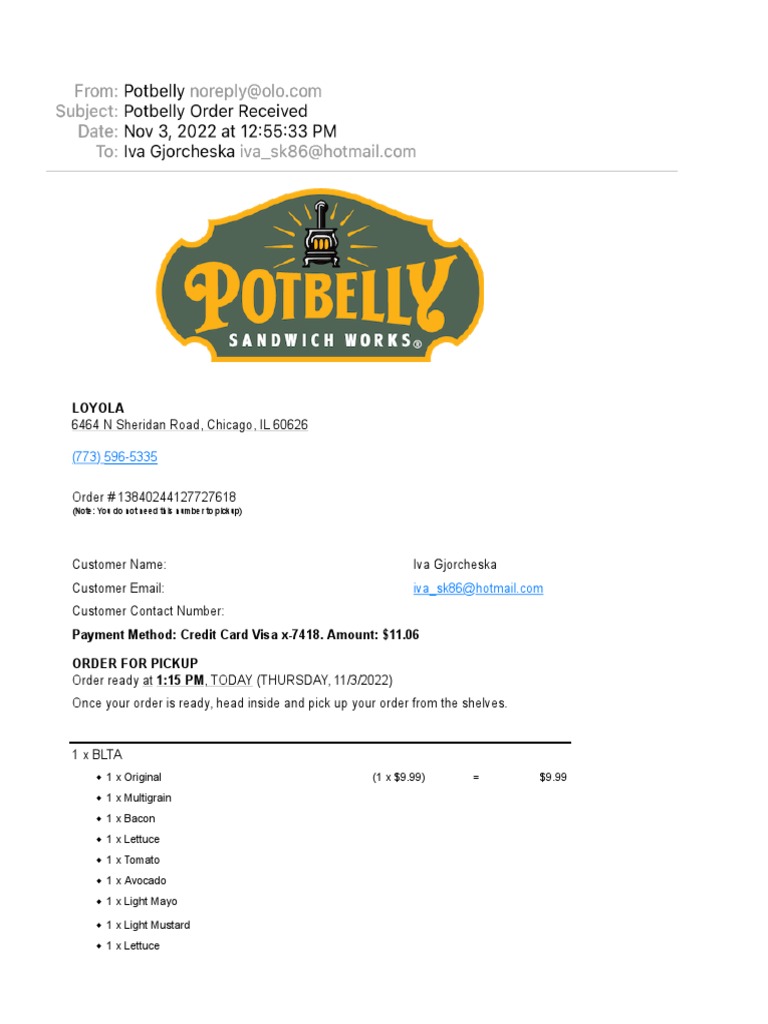 Potbelly Order Received | PDF