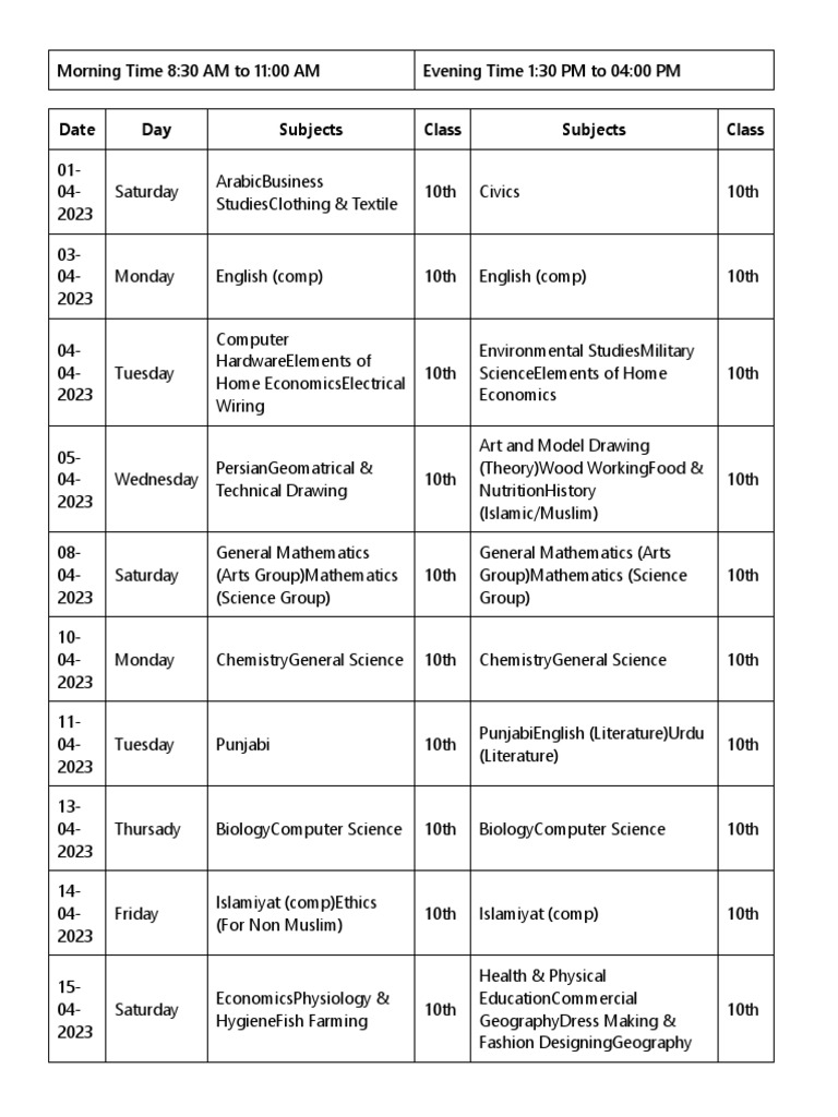 10th Class Date Sheet | PDF | Science | Pakistan