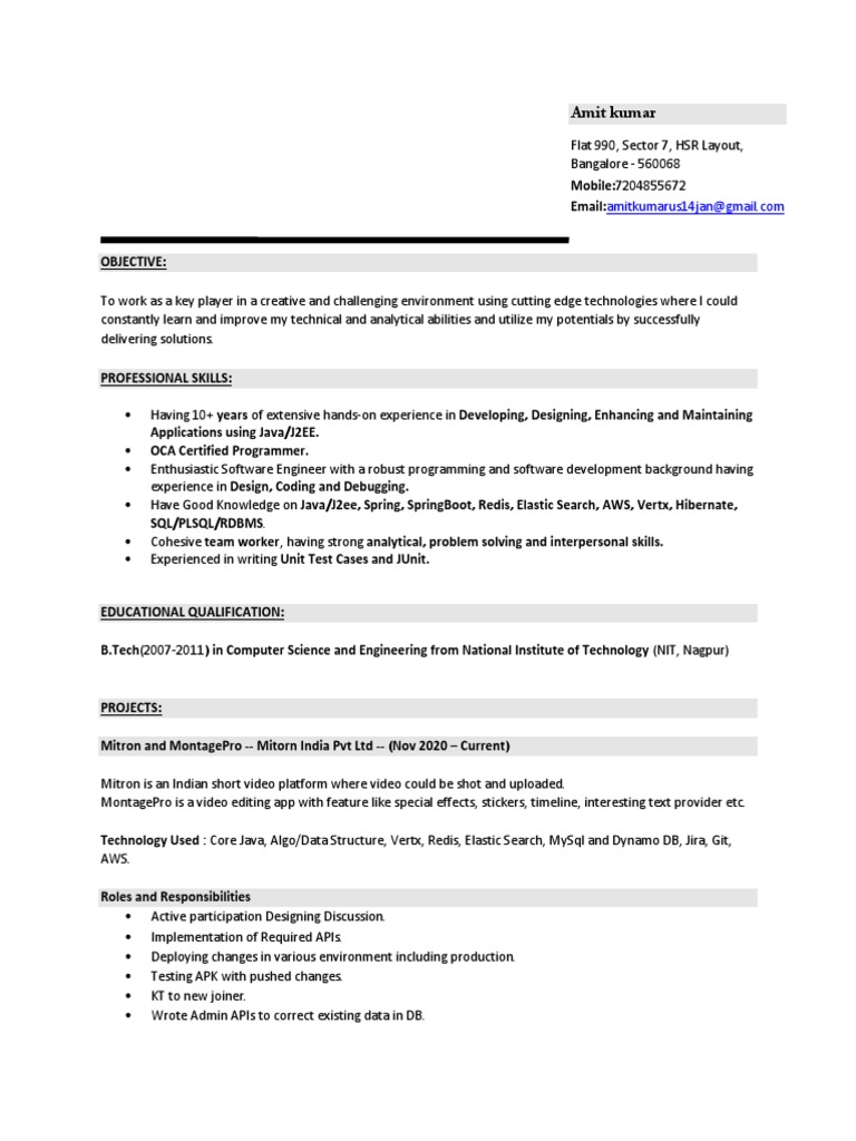 Amit Kumar's Resume - 10+ Years Java Experience | PDF | Amazon Web Services | Representational ...