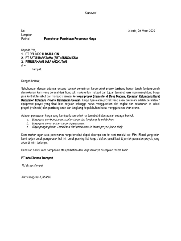 Draft SRT Permintaan Penawaran Harga - IDT | PDF | Teknologi & Rekayasa