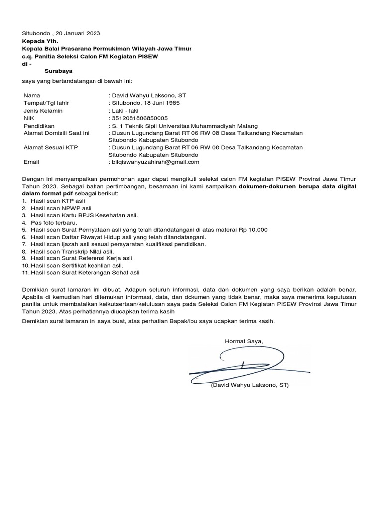 David Wahyu Laksono - Surat Lamaran FM Pisew | PDF