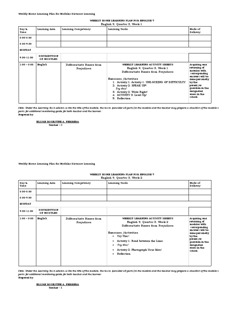 Weekly English 9 learning plan | PDF | Learning | Modular Programming