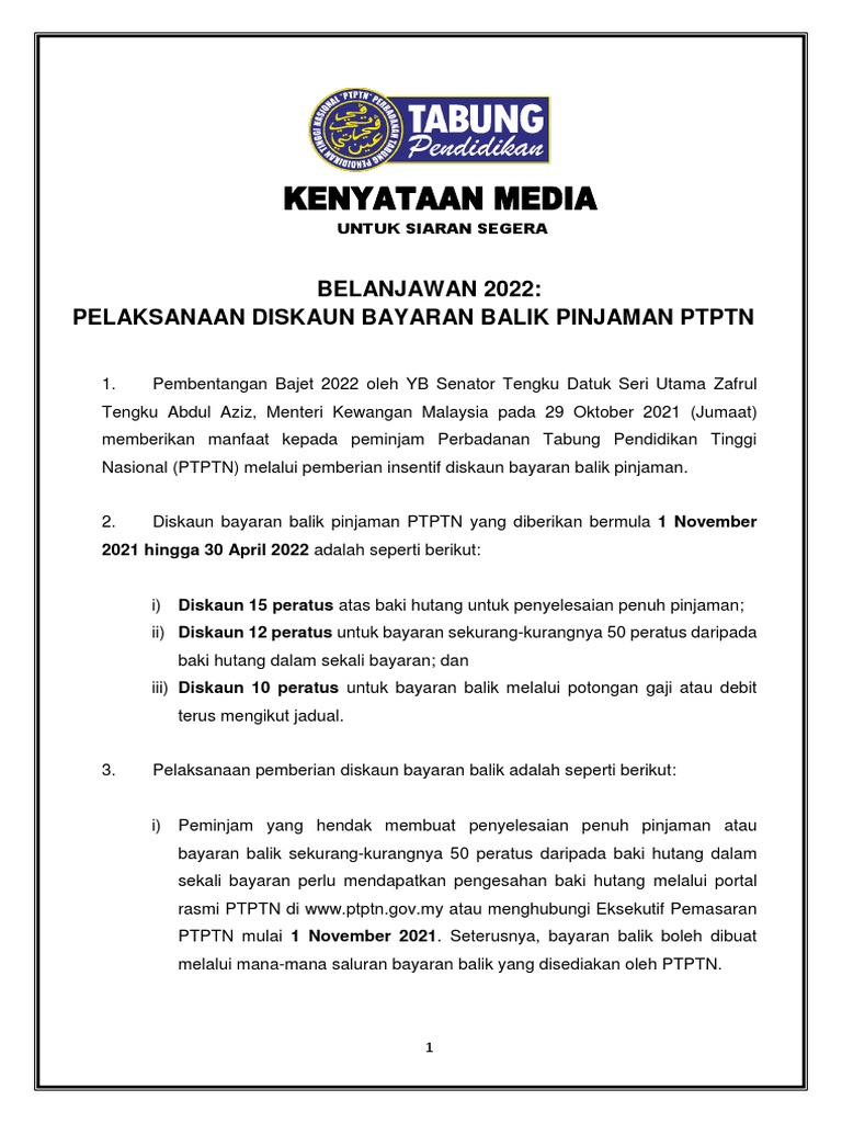 Pelaksanaan Diskaun Bayaran Balik Pinjaman PTPTN 1 | PDF