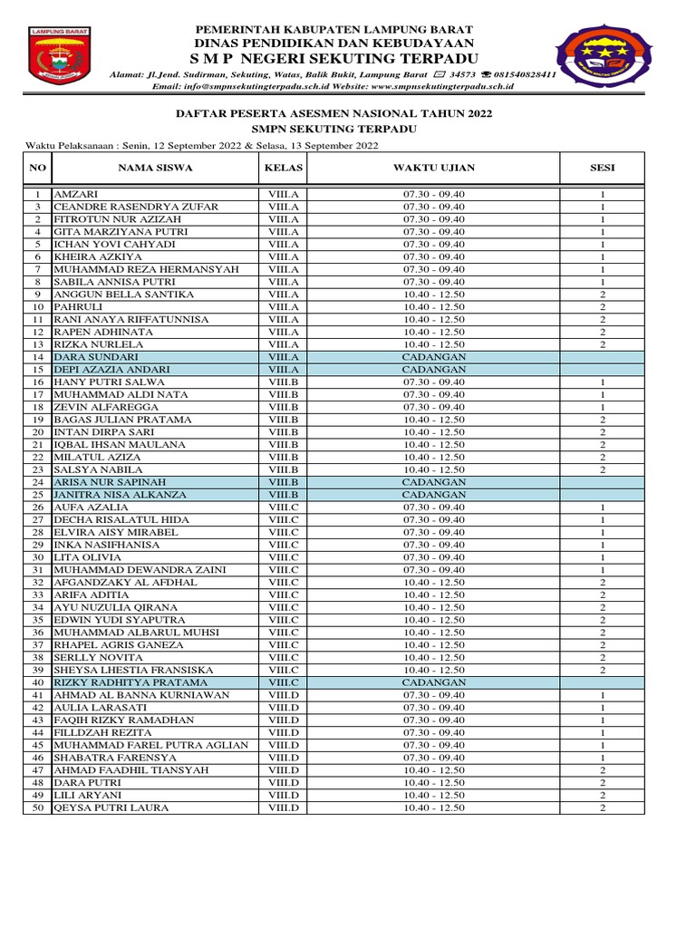 Jadwal Asesmen Nasional SMPN Sekuting 2022 | PDF