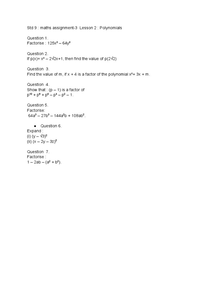 Std.9 Polynomials | PDF