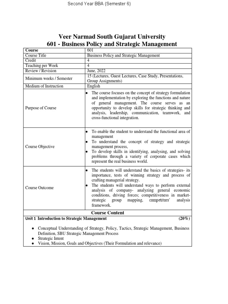 BBA Syllabus Sem-6 (Finance) | PDF | Strategic Management | Investing