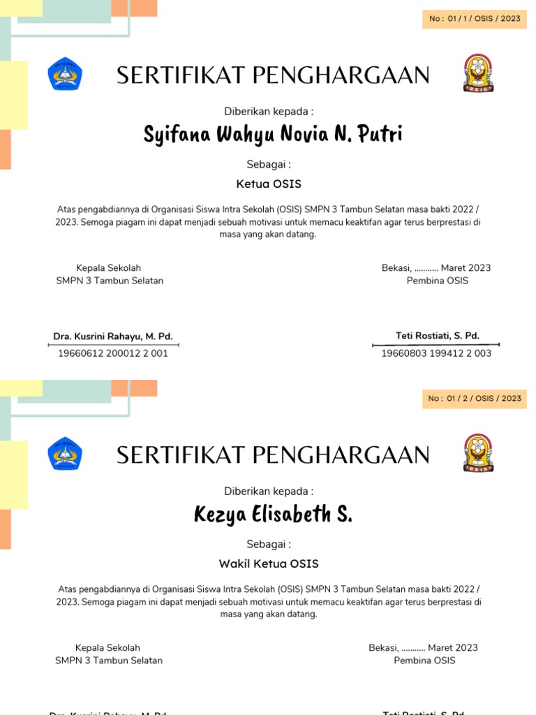 Sertifikat Penghargaan OSIS 2023 | PDF | Olahraga & Rekreasi